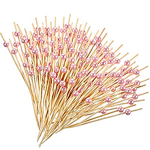 120 Counts Fancy Toothpicks for Appetizers Faux Pearl Charcuterie Cocktail Picks Wooden Decorative Toothpicks Handmade Sticks Long Appetizer Cocktail Sticks for Home Party, Dessert, Fruit (Rose Gold)
