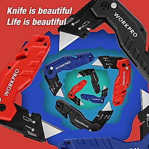 WORKPRO Utility Knife Blades, 100-Pack SK5 Utility Blades & WORKPRO 3-Piece Folding Utility Knife (Blue/Black/Red)
