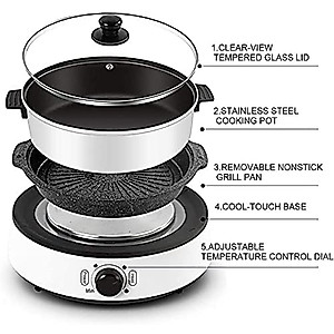 Multifunctional Split Electric hot Pot, Non-Stick Skillet,Large Capacity 4L for 6~8 people,with Temperature Control Fry, Soup, Stew, Grilling, White, 13.39×8.66×14.17 inches (HDJ-1350)