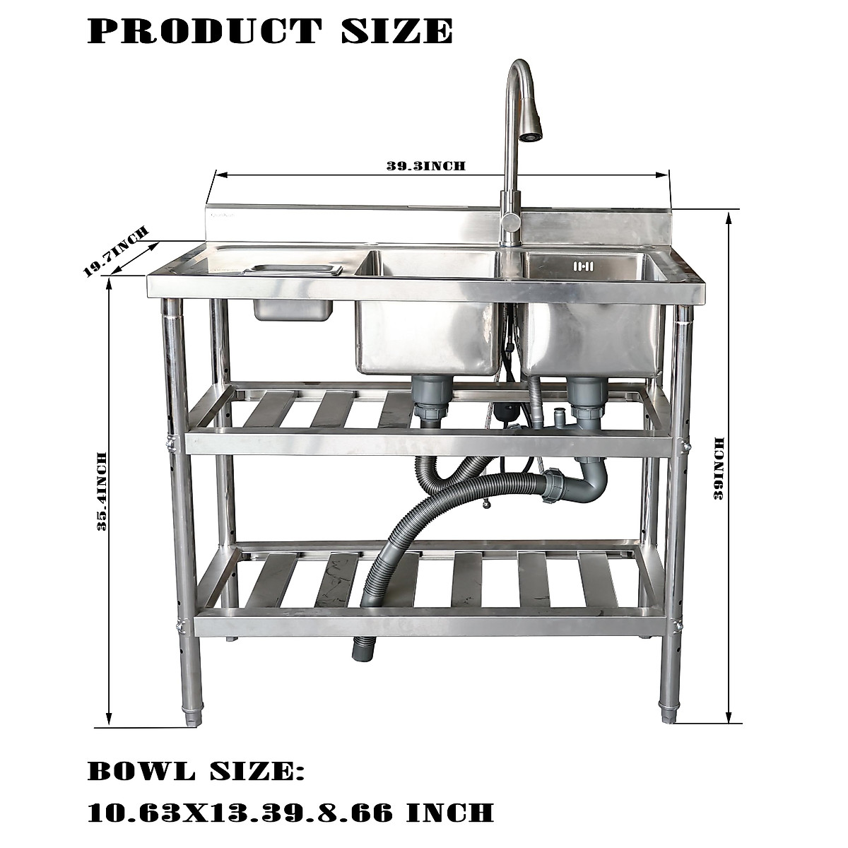 Qian Kun Industrial Grade Left-Hand Utility Sink Station with 304 Stainless Steel Double Bowl - 39.3x19.7x35.4Inch - NSF Certified - Ideal for Outdoor, Commercial, Garage, and Kitchen Use