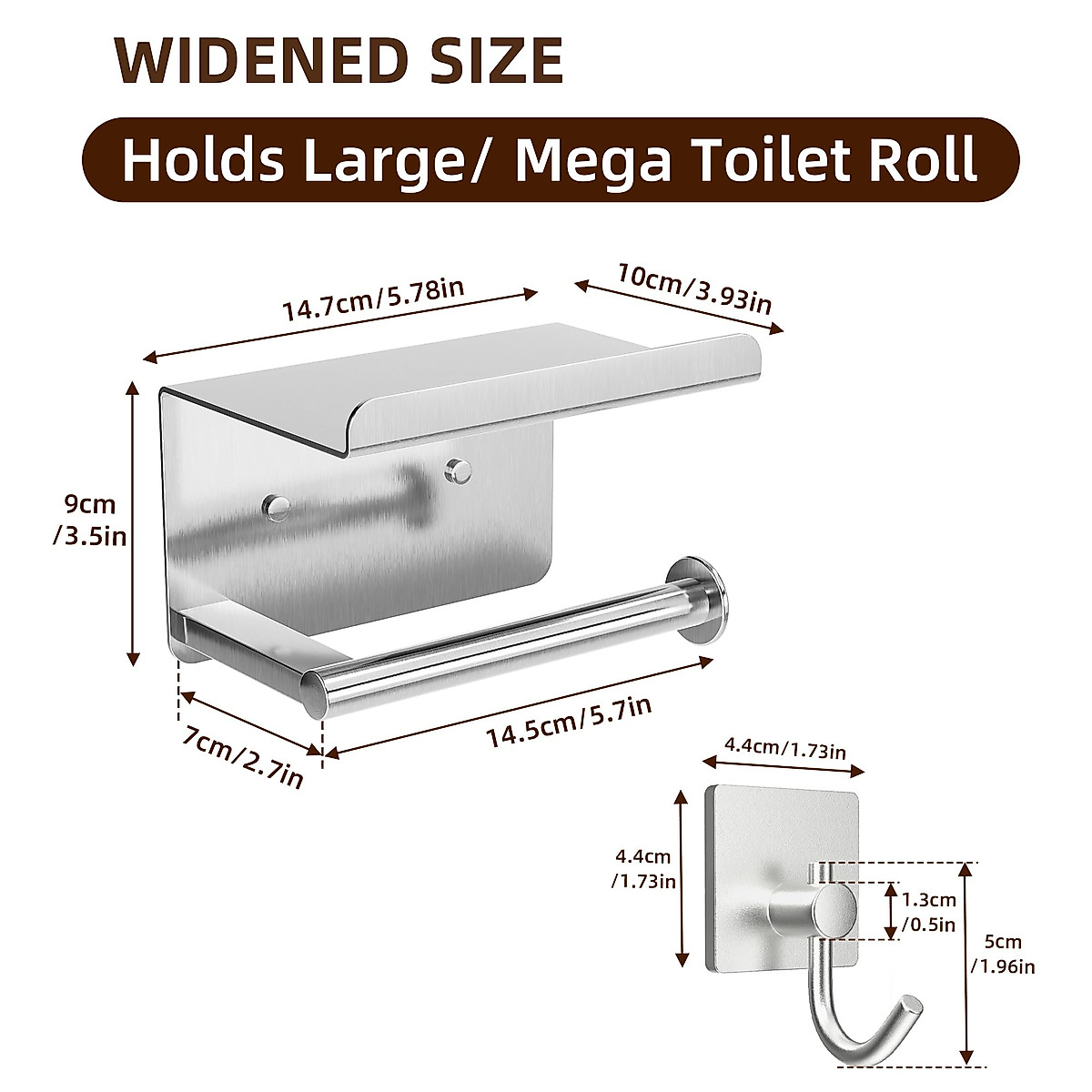 Adhesive Towel Hooks and Toilet Paper Holder Set, self Adhesive or Screw in Wall Mounted Toilet Paper roll Holder, rustproof Bathroom Tissue Holder Toilet Paper Holder with Phone Shelf (Silver)