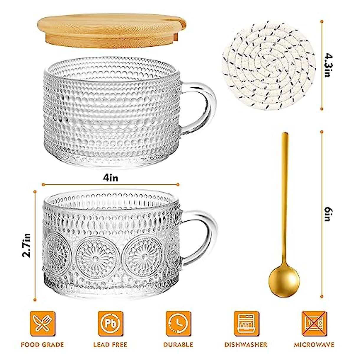 AKALOL Vintage Coffee Mugs,4pcs Set Overnight Oats Containers With Lids Coaster Spoons - 14oz Clear Embossed Glass Cups,Coffee Bar Accessories,Iced Coffee Glasses,Ideal for Cappuccino,Tea, Latte