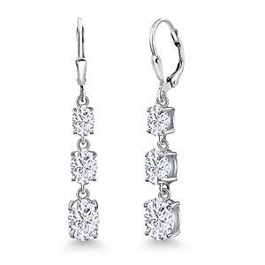 Gem Stone King 925 Sterling Silver Gemstone Birthstone 3-Stone Drop Dangle Earrings | Oval 8X6MM 7X5MM and 6X4MM | Three Stone Leverback Earrings For Women