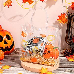 Aliceset 12 Pcs Clear Fall Pumpkin Gift Bag with Handles Pumpkin Party Plastic Favor Bag Fall Treat Bag Bulk Halloween Goodie Bag for Thanksgiving Day Fall Party Favor, 8 x 8 x 3.15 Inch(Orange)