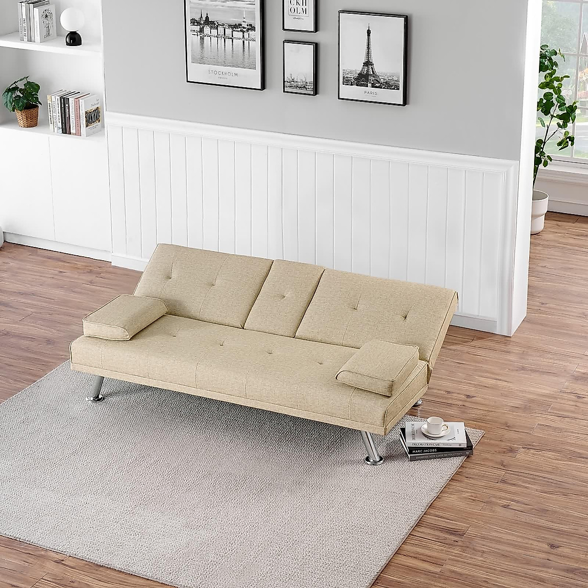 Daesar 67" Beige Leather Multifunctional Double Folding Sofa Bed for Office with Coffee Table