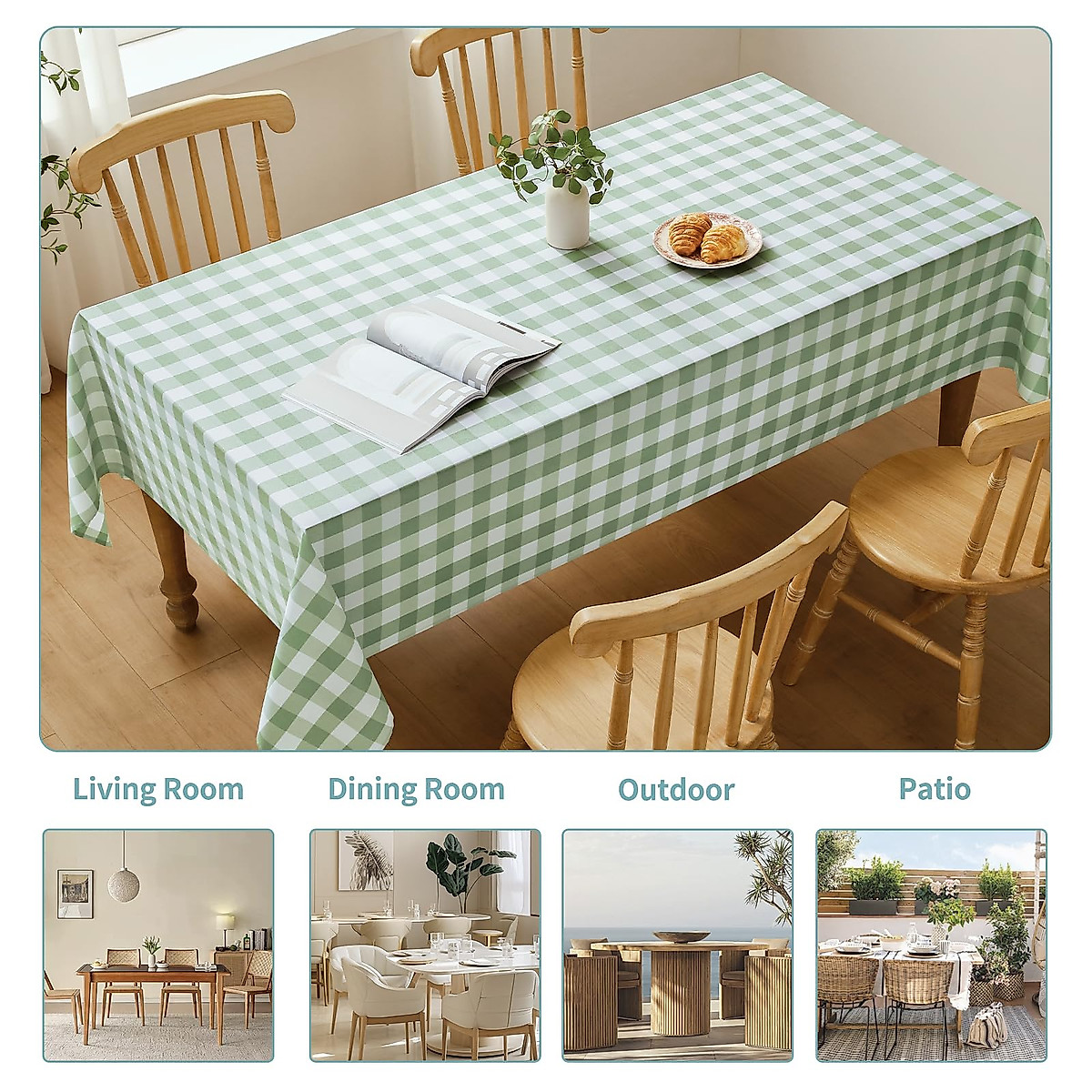 Veblandy Checkered Tablecloth Rectangle Waterproof Gingham Table Cloth Washable Buffalo Plaid Table Cover Wrinkle Free for Kitchen, Dining and Outdoor Picnic, 52 x 70 Inch, Sage Green and White