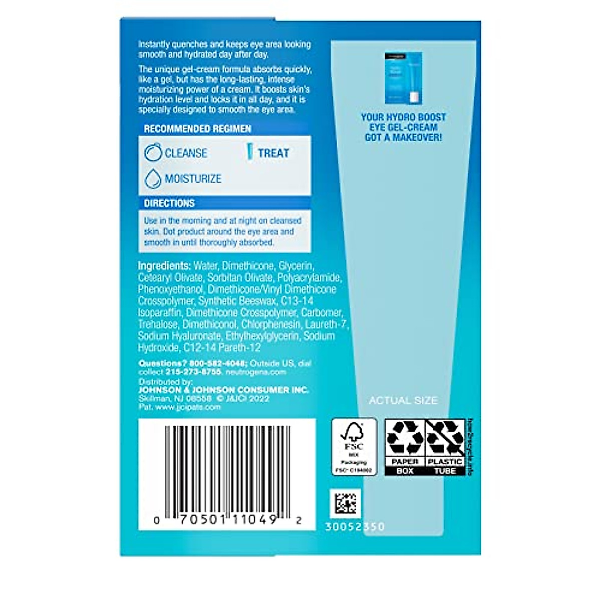 Neutrogena Hydro Boost Eye Cream, Under-Eye Moisturizer with Hyaluronic Acid, Fragrance Free and Non-Comedogenic, 0.5 Oz