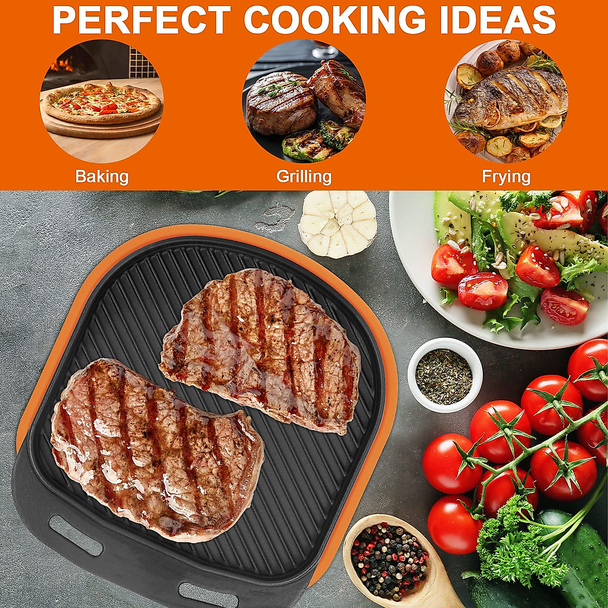 MixRBBQ Cast Iron Skillet Pan - Grizzler Pan with Silicone Mat and 2 Lifting Handle, Pizza Oven Pan for Ooni, Mimiuo Pizza Oven Accessories, BBQ Grilling, Camping Cookware