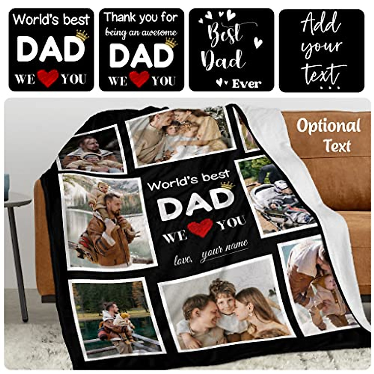 Croilujo Gifts for Dad, Custom Blankets with Photos, Personalized Dad Picture Blanket, Customized Blankets with Photo Collage Throw, Birthday for Dad Father Papa