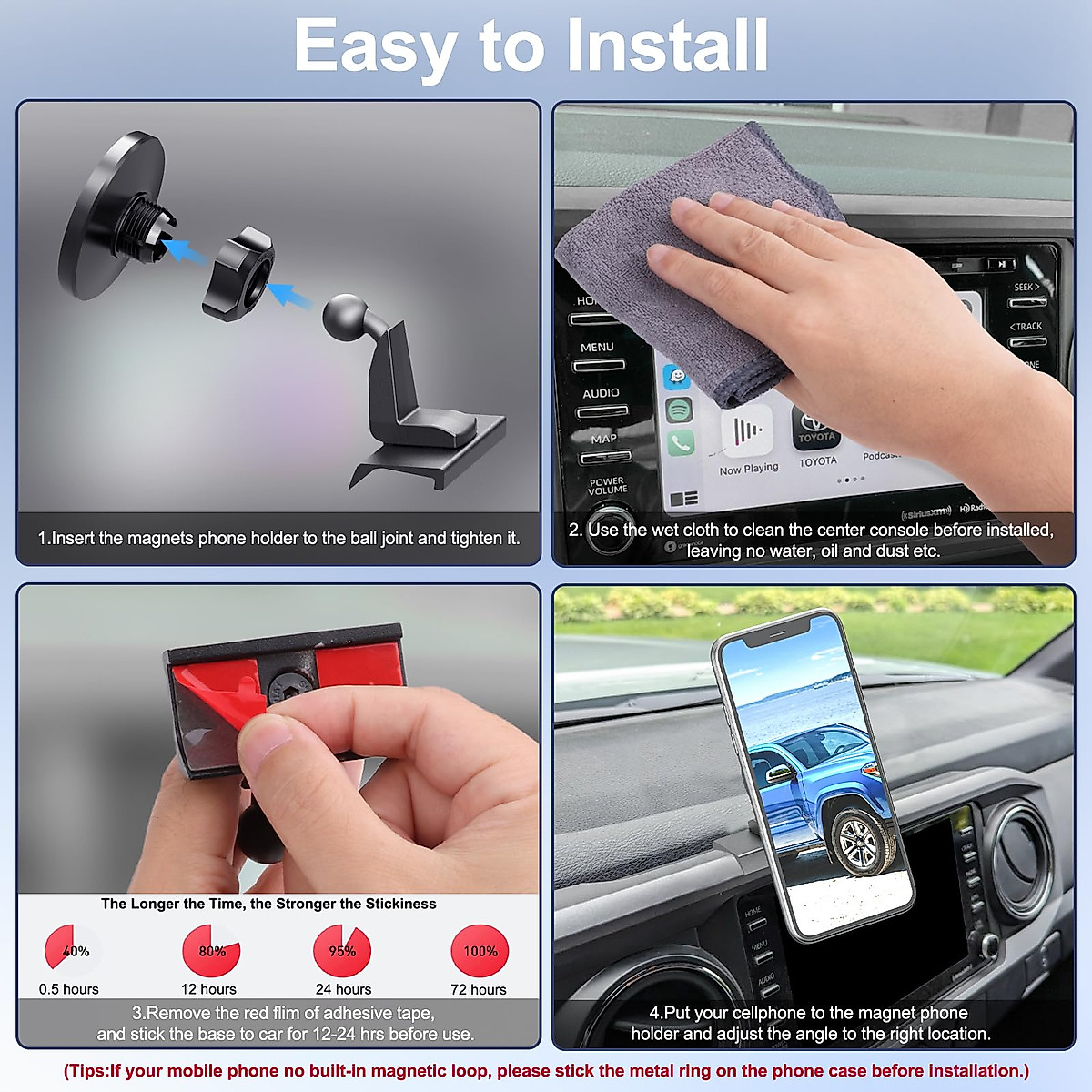 Kaishengyuan Magnetic Car Phone Holder for Toyota Tacoma 2016-2023, 3rd Gen Tacoma Dashboard Clip Cell Phone Cradles Adjustable 20x Super Strong Magnet Phone Stand Phone Mount