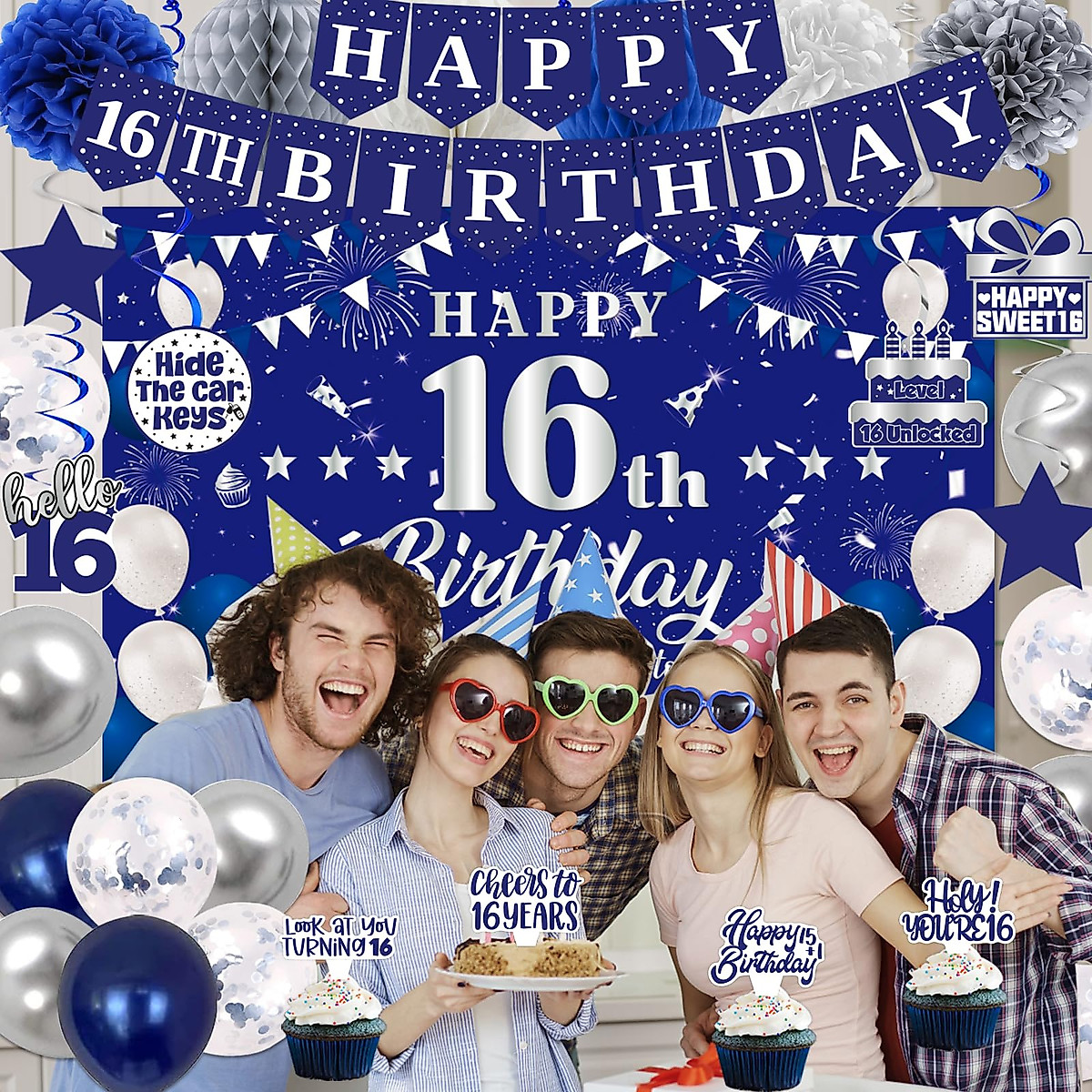 16th Birthday Decorations for Boys Girls, Blue Silver Sweet 16th Birthday Party Decorations, Happy 16th Birthday Backdrop, Banner, Balloons, Pompoms, Hanging Swirls, Birthday Card, Cake Topper 54pcs