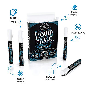 Liquid Chalk Marker Pen - White, Dry Erase for Chalkboard Signs, Windows, Blackboard, Glass with 24 Chalkboard Labels Included (6 Pack) 3-6mm Reversible Tip, 3-3mm Fine Tip
