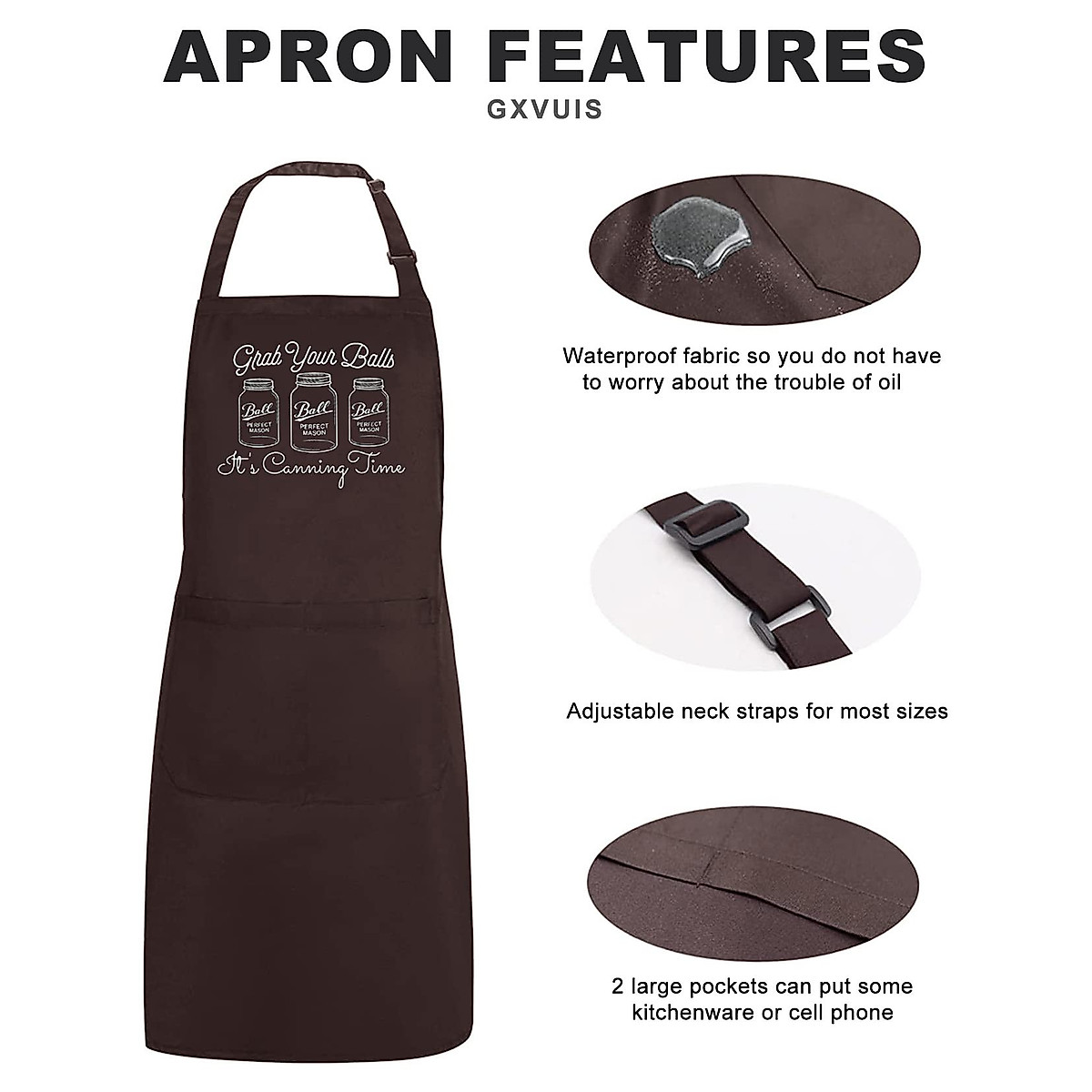GXVUIS Grab Your Balls It's Canning Time Aprons for Women with 2 Pockets Waterproof Adjustable Bib Kitchen Cooking BBQ Apron Brown