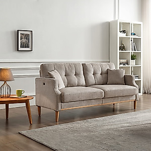 ARCLIS 70" Mid-Century Modern Loveseat with 2 Throw Pillows, Fabric Sofa for Living Room with USB Charging Ports, Tufted Upholstered Couch with Solid Wood Leg for Small Space Apartment Office (Grey)