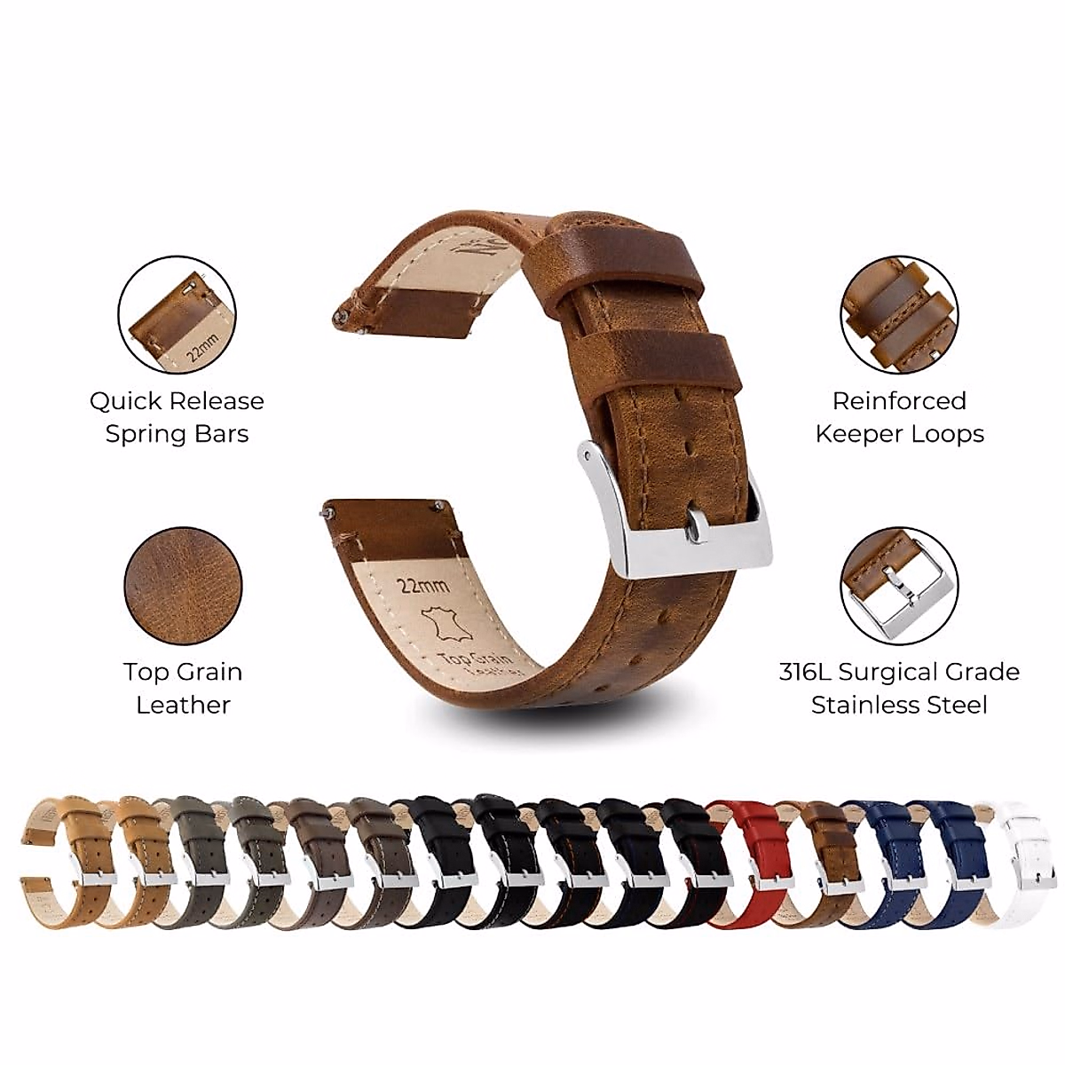 BARTON WATCH BANDS Barton 20mm Leather Watch Band for Men - Premium 20mm Watch Band Leather Design - Elegant 20mm Leather Watch Strap Replacement - Compatible with Most Men's Watches