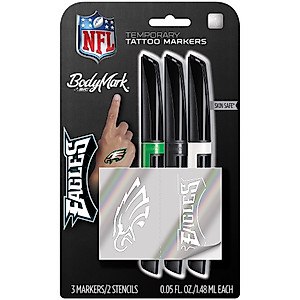 BIC BodyMark, Temporary Tattoo Marker, NFL Series, Philadelphia Eagles, Skin Safe, Brush Tip, Assorted Colors, 3-Pack with Stencils