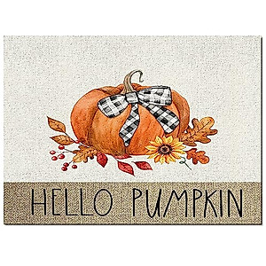 OComster Thanksgiving Rectangle Shape Large Area Rugs - 4 x 6 Feet Fall Hellow Pumpkin Bow Orange Burlap - (Non-Woven + Rubber) Low File Floor Mat