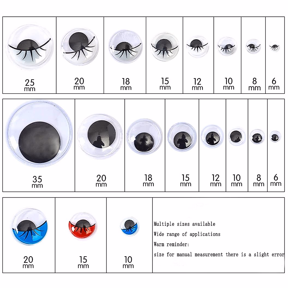 BOEYAA Wiggle Googly Eyes 100 Pcs Self-Adhesive Wiggle Eyes Round Plastic Eyes with Eyelashes for Handmade DIY Craft Decoration Making Accessories (20mm)