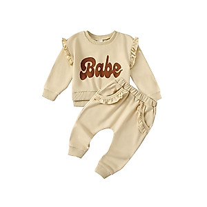 HIGHUZZA 12-18 month girl clothes baby girl clothes toddler girl clothes newborn infant babies fall outfits winter girls sweatshirt baby girls' clothing baby pant set 2 pcs Khaki