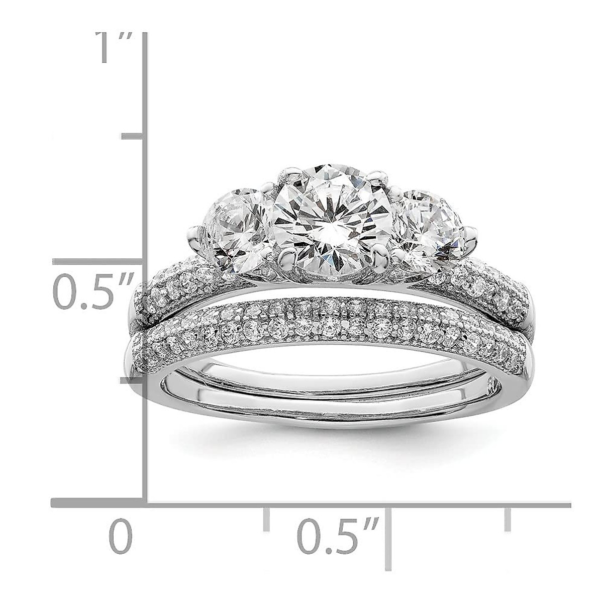 Diamond2Deal 925 Sterling Silver Rhodium-plated Cubic Zirconia 3 Stone Pave Band Ring Engagement Ring Set Size-8