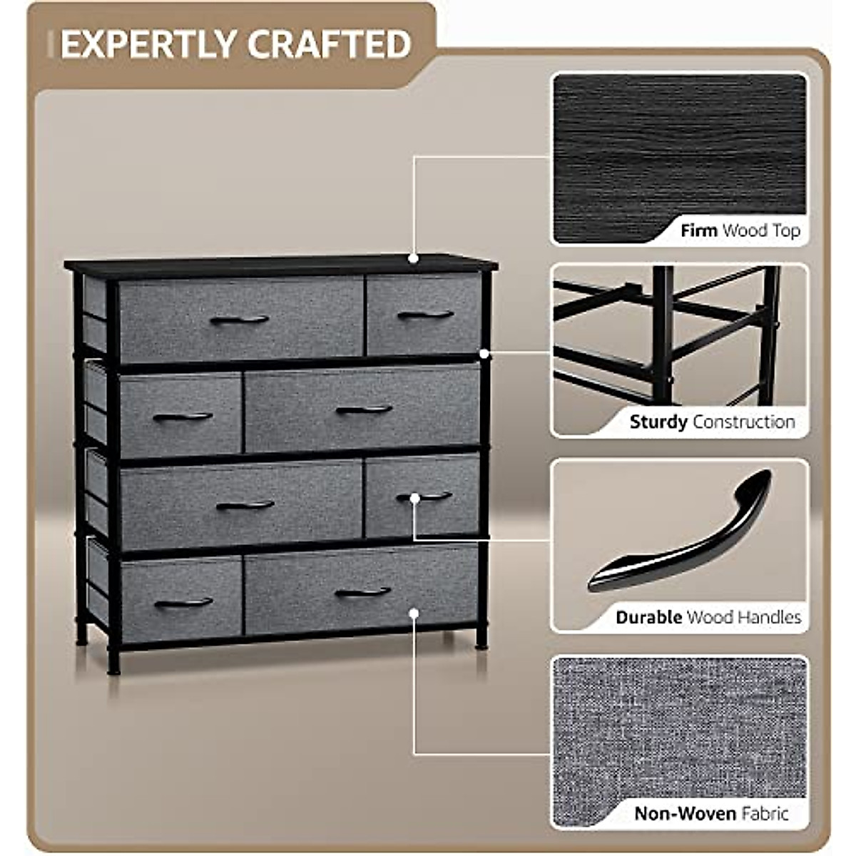 Sorbus Dresser for Bedroom with 8 Drawers - Tall Chest Storage Tower Unit, for Closet, Hallway, Nursery, Entryway Furniture Organization - Steel Frame, Wood Top Easy Pull Bins (Dark Grey)