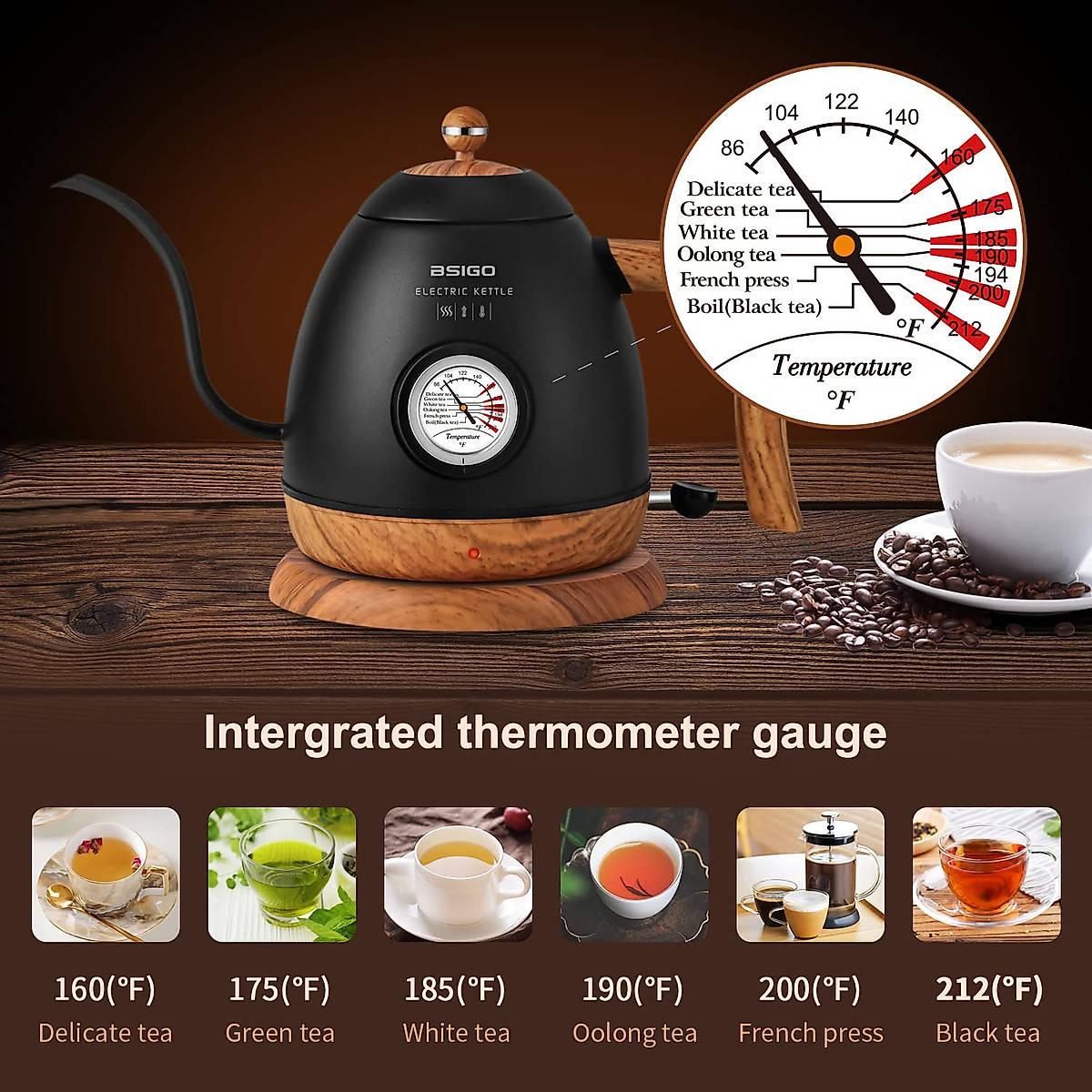 Bsigo Gooseneck Electric Kettle with Thermometer, 100% Stainless Steel for Pour-over Coffee & Tea Kettle, BPA Free, Auto Shut off Anti-dry Protection, Quick Heating Boiling Water, 1000W-0.8L, Black