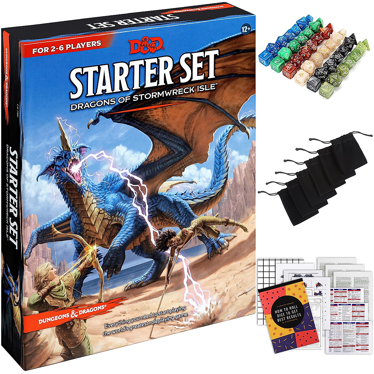 Dungeons and Dragons Starter Set - 6th Edition, Dragons of Stormwreck Isle - Extra 6 Dice Sets, Flannel Bags, Master Screen, New Heroes - D&D Board Game Includes Printable Materials