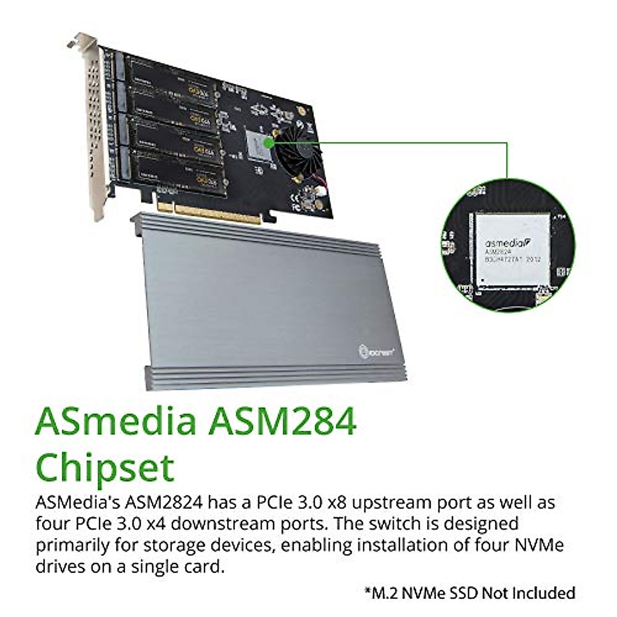 Syba Quad M.2 NVMe Ports to PCIe 3.0 x16 Interface x8 Bandwidth Bifurcation Riser Controller - Support Non-Bifurcation Motherboard (SI-PEX40157)