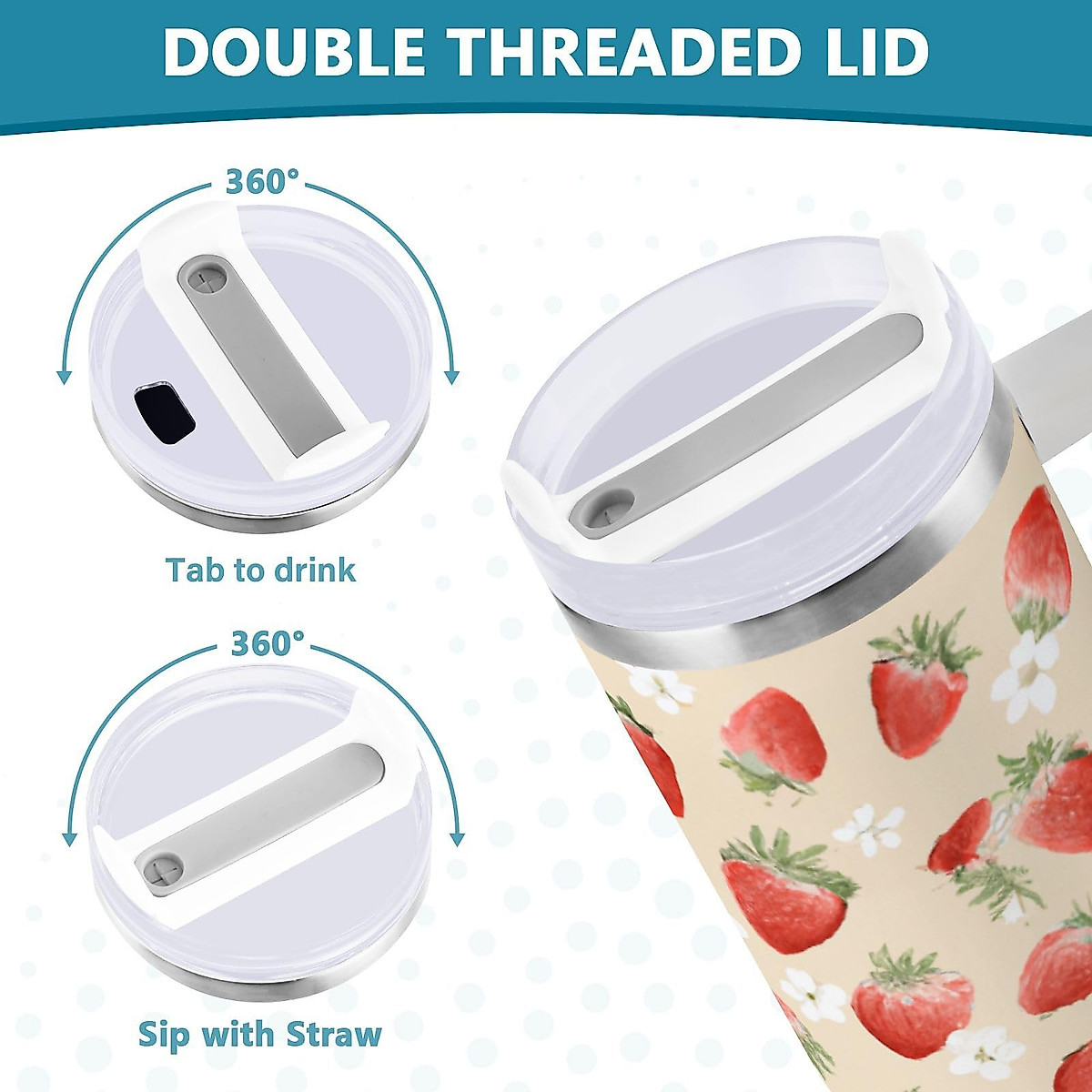 Jihqo Watercolor Strawberry White Floral 40 oz Stainless Steel Vacuum Insulated Tumbler with Handle and Straw Lid, Leakproof Water Bottle Double Wall Travel Mug Coffee Cup, Cupholder Friendly