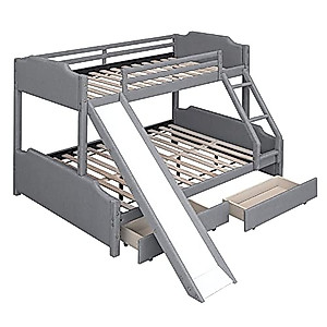 Merax Twin Over Full Size Upholstery Bunk Bed, Solid Wood Bed Frame with Two Drawers and Slide, Convertible Slide and Ladder, Headboard and Footboard, Grey