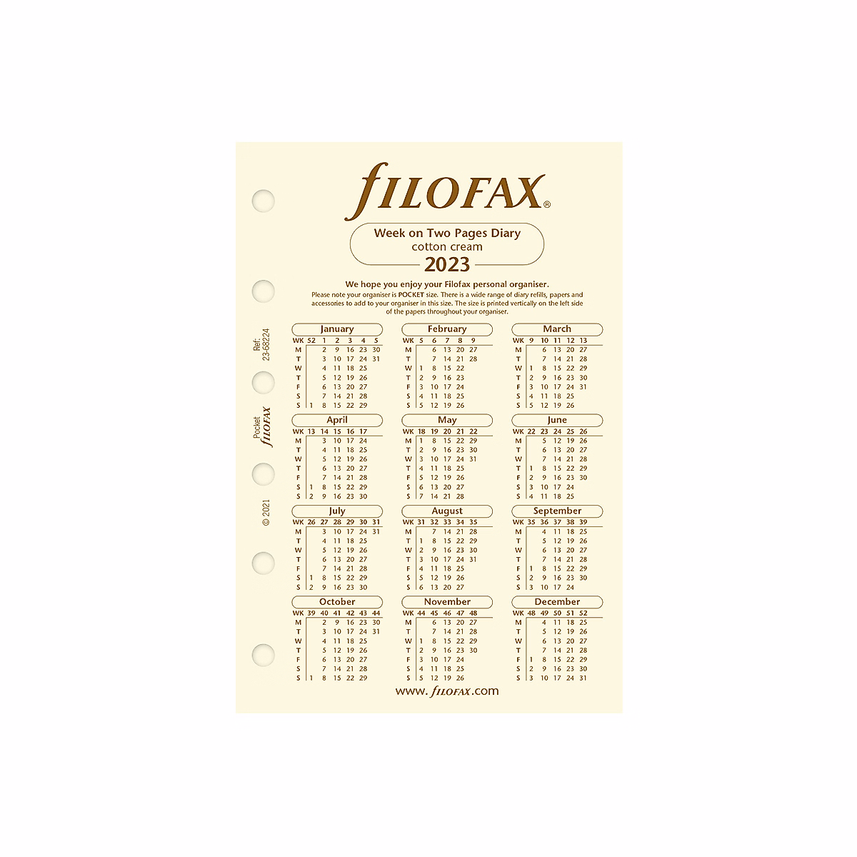 Filofax Refill, Pocket Size, Week-to-View, Cotton Cream Paper, Unruled, English, 2023 (68224-2018)