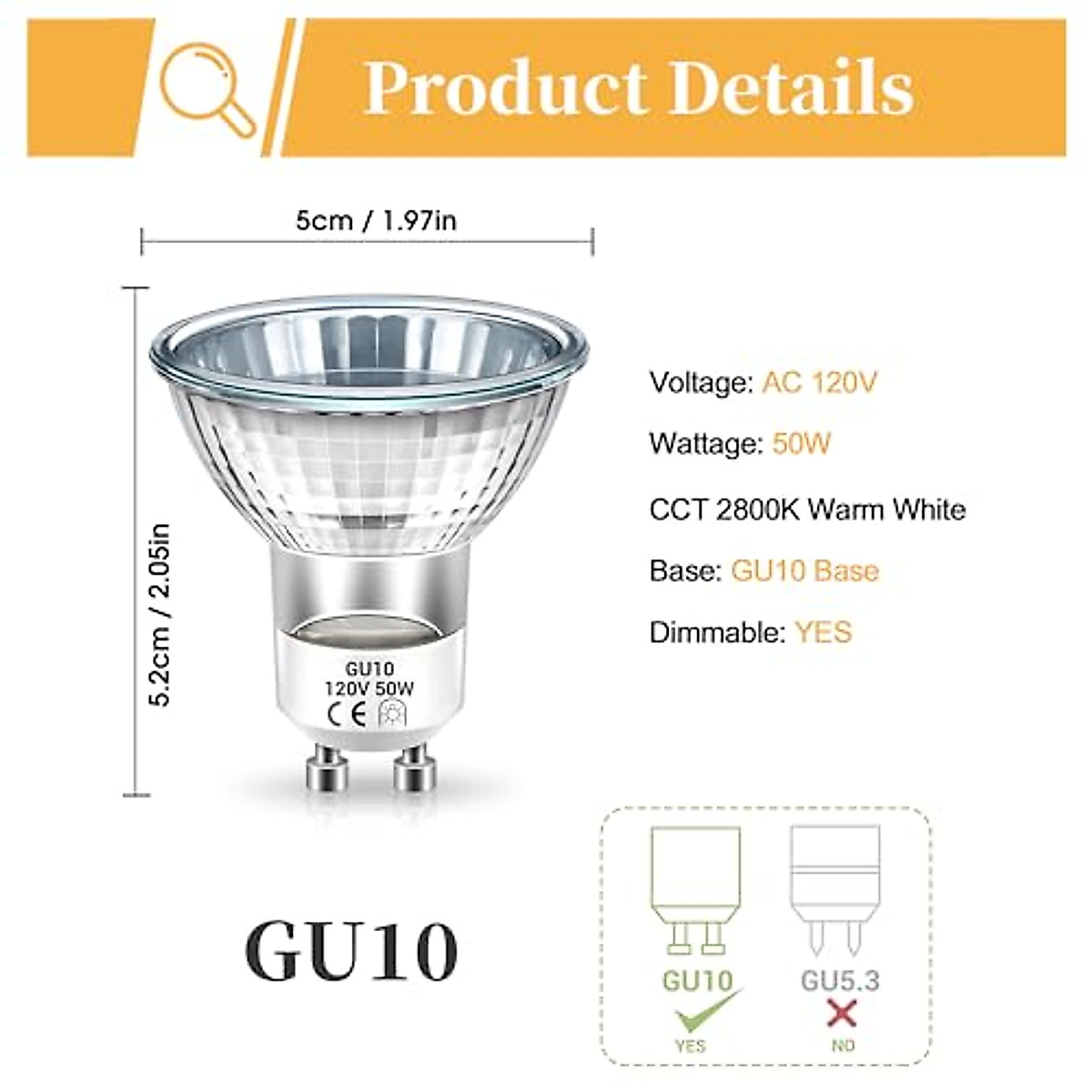 DORESshop GU10 Bulb, Halogen 120V 50W, Dimmable, GU10 Light Bulb for Track&Recessed Lighting, Gu10 Base Bulb, 50W, Warm White,3 Pack