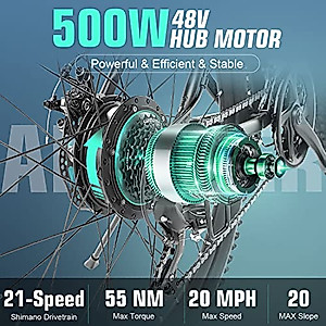 ANCHEER 26'' Gladiator Electric Bike for Adults 500W Ebike 20MPH Adult Electric Mountain Bike, 48V 10.4Ah Removable Lithium Battery, Cruise Control, Shimano 21S Gears, 3.5Hours Charge