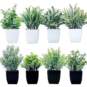 Fake Plants Mini Potted Artificial Plants, set of 8 Pack fake Plastic Eucalyptus Houseplants Greenery in Pot, Small Faux Plants Decor for Bathroom Home Office Farmhouse Desk Shelf(white,black)