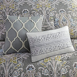 Harbor House Cozy Cotton Comforter Set - Classic Modern Design, All Season Down Alternative Casual Bedding, Matching Shams, Hallie, Damask Grey King(110"x96") 6 Piece