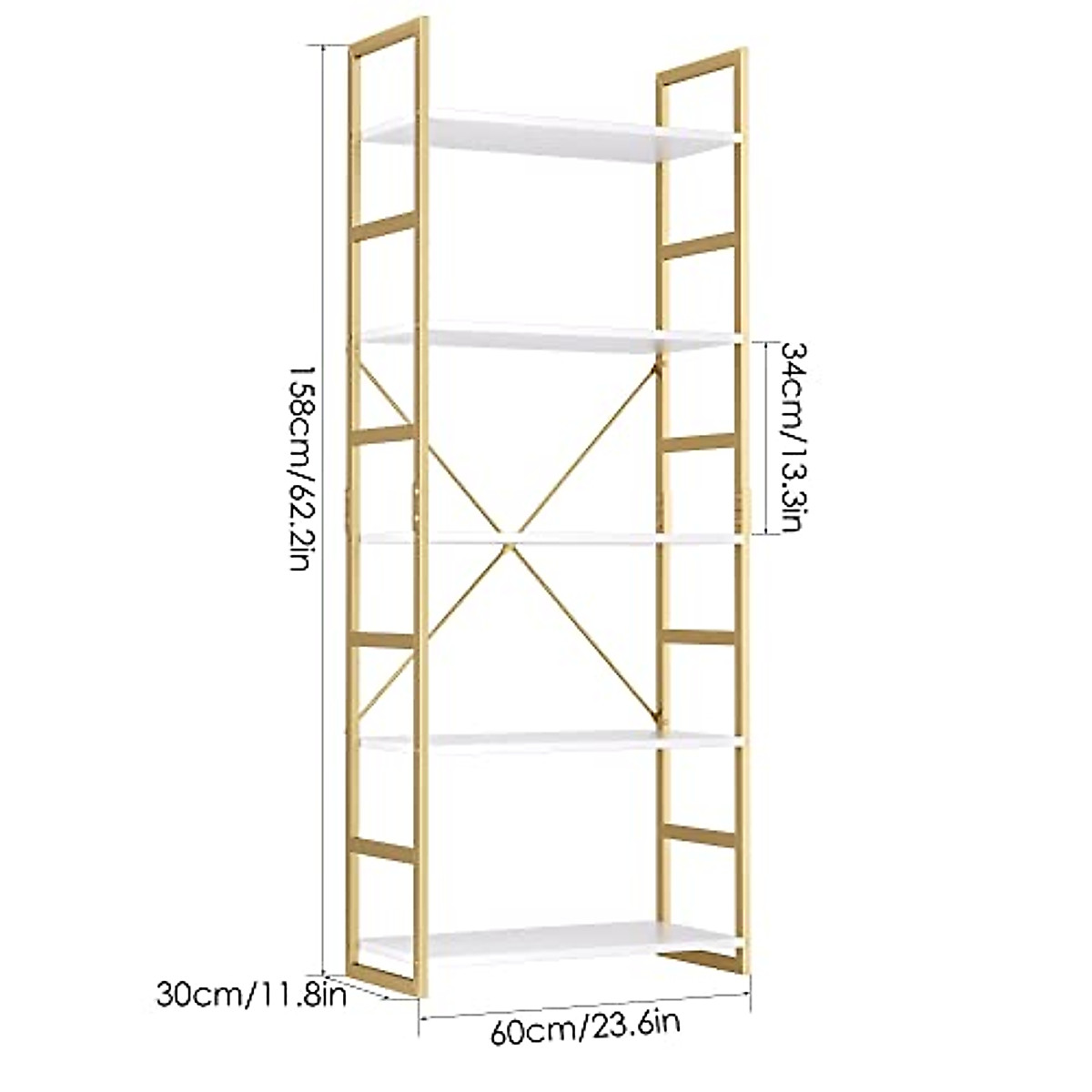 finetones 5 Tier Bookshelf, Industrial Gold Bookcase with Metal Frame, Modern Display Shelves Plant Flower Stand Rack for Bedroom Living Room Home Office, White and Gold