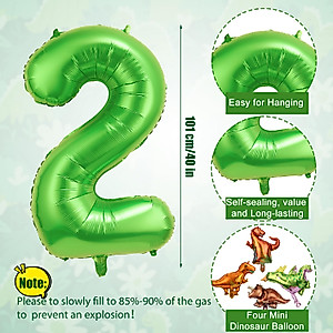 Dinosaur Balloon Set, 40 Inch Large Aluminum Foil Number Balloon with 4 Styles Cute Dinosaur Balloon Green Dinosaur Balloons for Birthday Party, Anniversary Theme Party Decoration (Number 2)