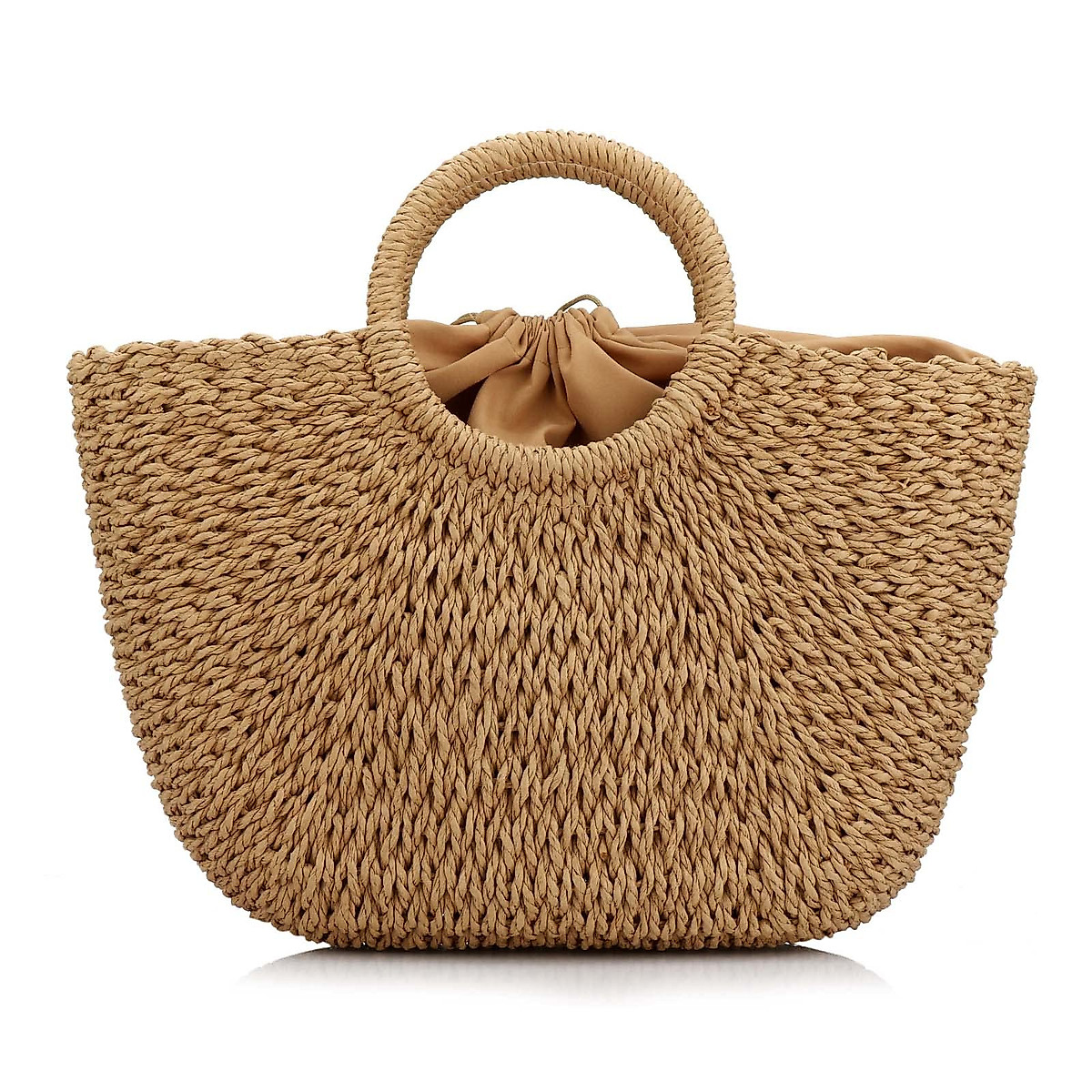 Summer Rattan Bag for Women Straw Hand-woven Top-handle Handbag Beach Sea Straw Rattan Tote Clutch Bags (Beige)