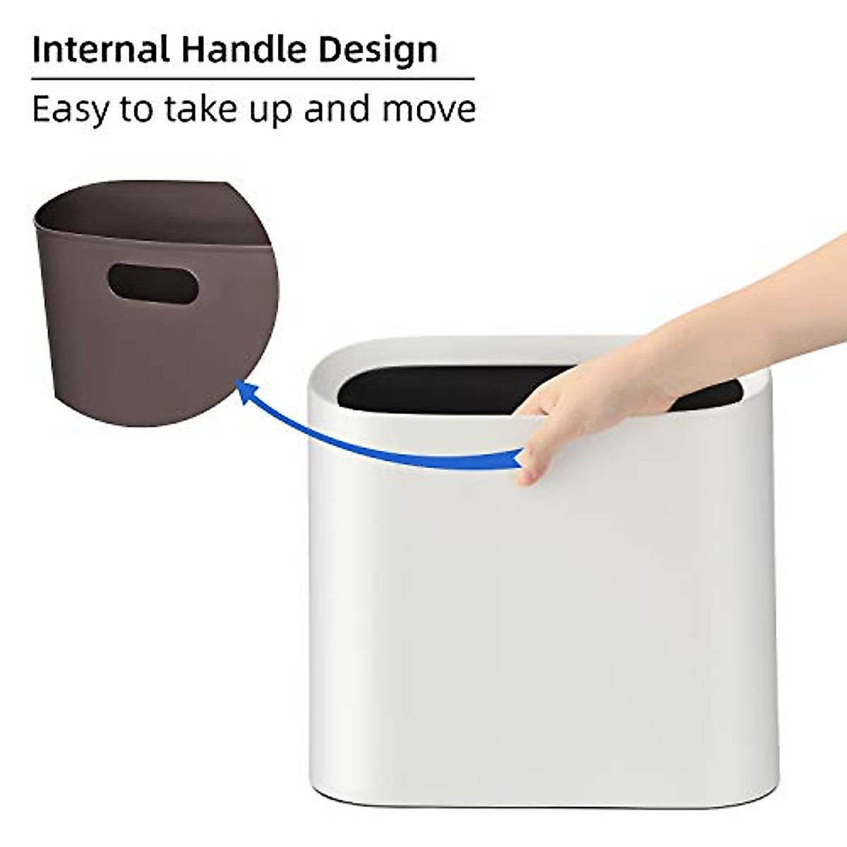 SUBEKYU 2.3 Gal Trash Can for Bathroom, Small Office Garbage Can for Kitchen, Slim Rectangular Waste Bin, Plastic, White