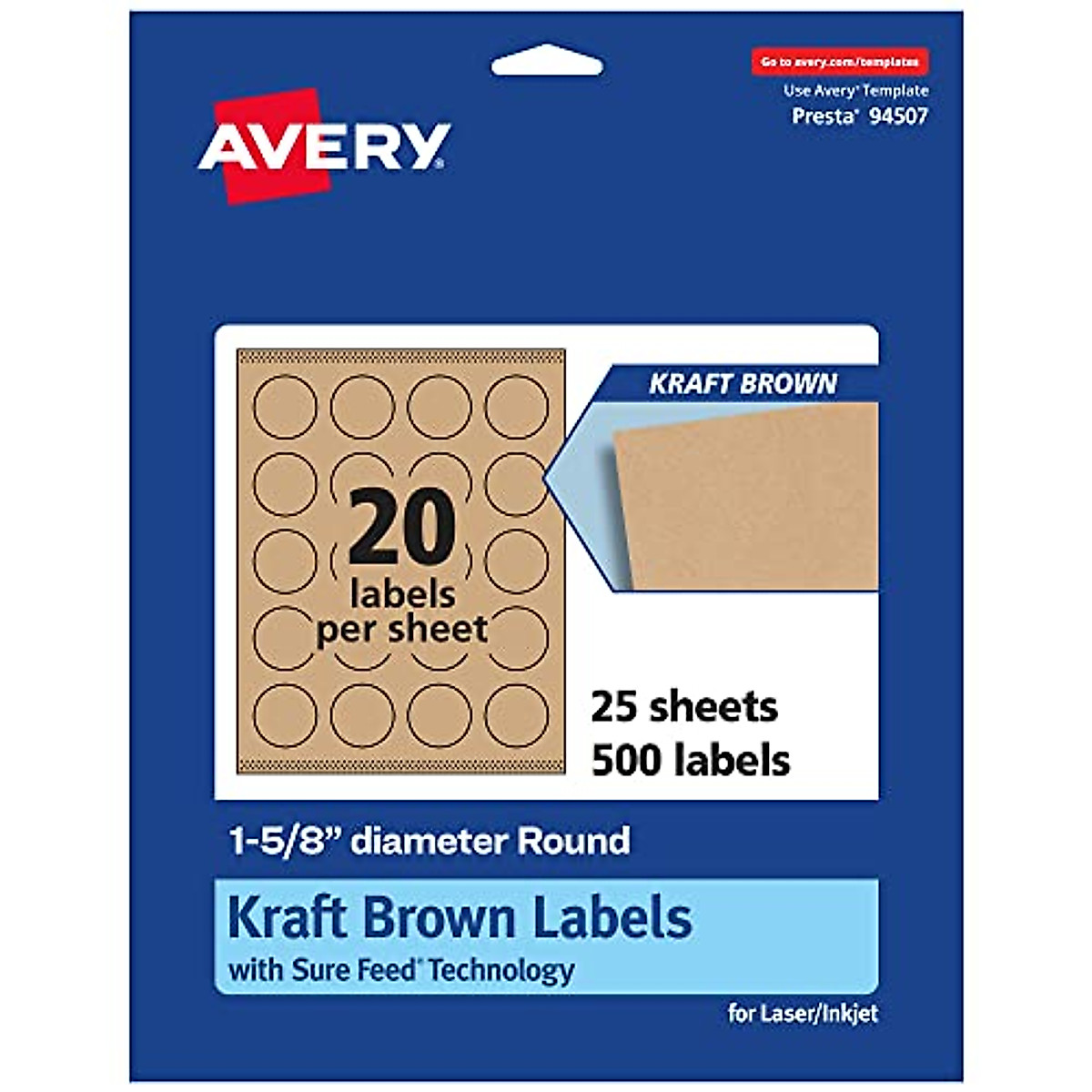 Avery Kraft Brown Round Labels with Sure Feed, 1-5/8" Diameter, 500 Kraft Brown Labels, Print-to-The-Edge, Laser/Inkjet Printable Labels
