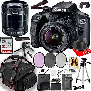 Canon EOS 4000D (Rebel T100) DSLR Camera with 18-55mm Lens + Filters + Tripod + Spare Travel Charger + Mini Tripod + More (22 pc Bundle)