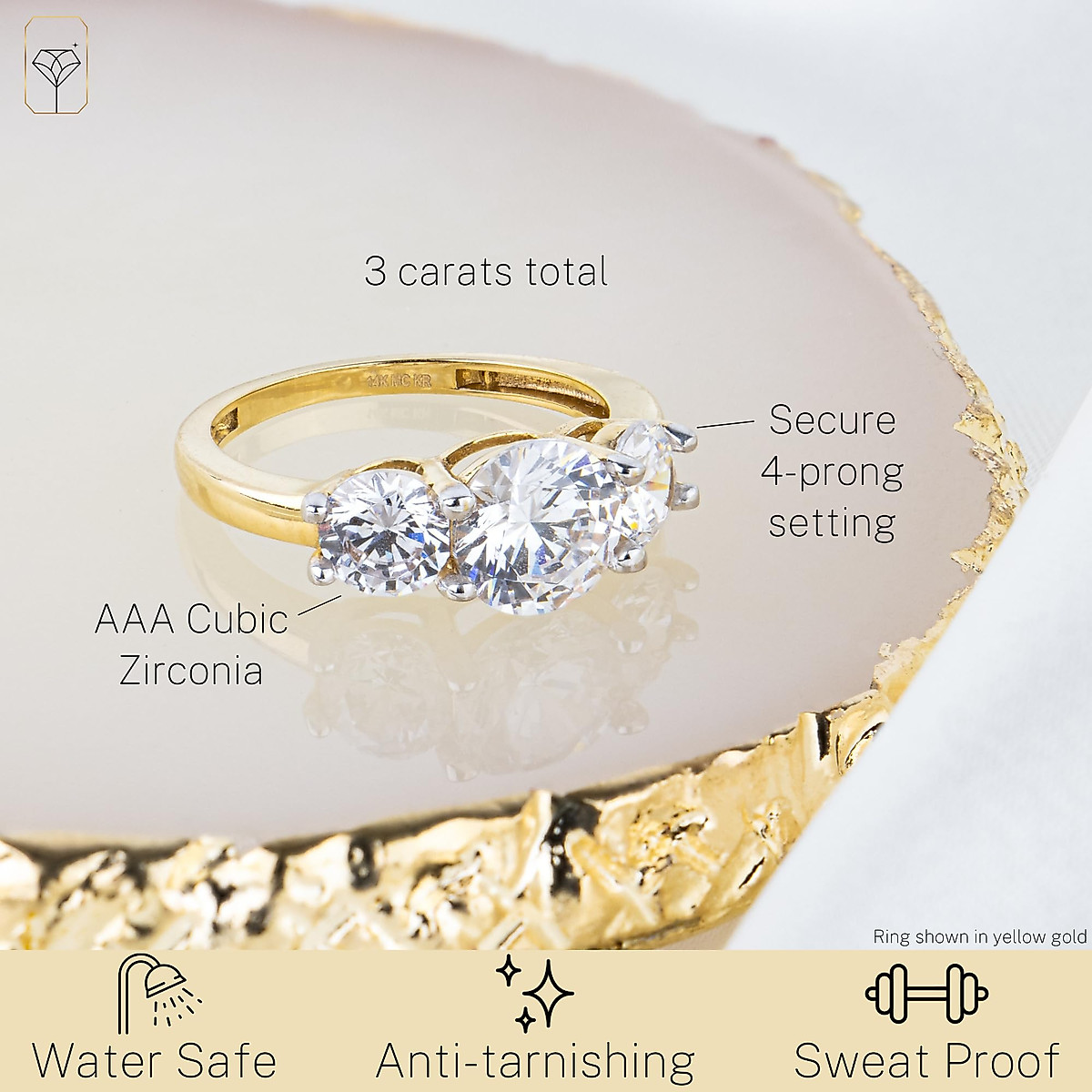 MAX + STONE 3 Carat Cubic Zirconia Anniversary or Engagement Ring for Women in 14k Solid Yellow Gold Three Stone CZ Size 7