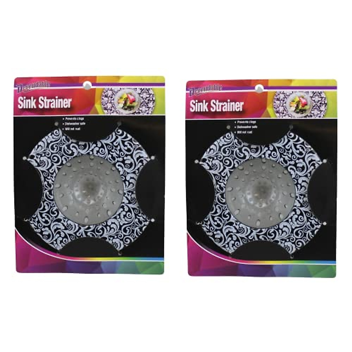 Dependable Industries 2 Pack 5.25" Diameter Decorative Designer Pattern Kitchen Sink Strainer Durable (Black Paisley)