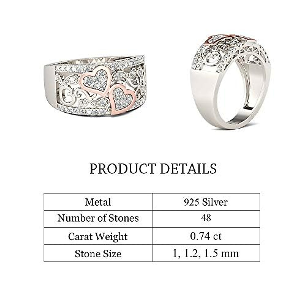 Jeulia 1Carat Rose Gold Plated Wedding Band Thick Round Cut Eternity Band Rings Halo CZ Heart Engagement Promise Rings Anniversary Birthday Festival Romantic Gift with Jewelry Gift Box (7.5)