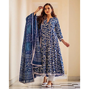 NANNUDECO Cotton Kurtis For Women Blue Anarkali Kurta With Palazzo Dupatta set (M)