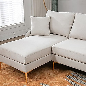 FANYE 110'' Modern Reversible Chaise Sectional U-Shaped Convertible, 4-Seat Polyester Blend Upholstered Sofa & Couch with 2 Pillows and Metal Legs for Home Apartment Office Living Room, Green, Beige