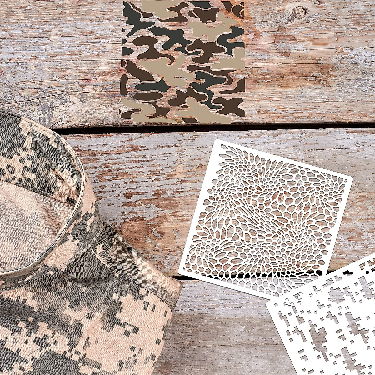 Outus 9 Pieces Camo Print Stencils Camouflage Painting Templates Reusable Grass Pattern Stencils Green Camo DIY Stencils for Scrapbooking Painting on Wood Crafts (11.8 x 11.8 Inch)