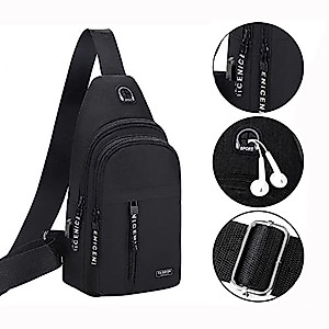 Waterproof Crossbody Sling Backpack Multipurpose Shoulder Bag Travel Hiking Chest Bag Daypack With USB Hole & Headphone Hole（Without mobile power） (Black)