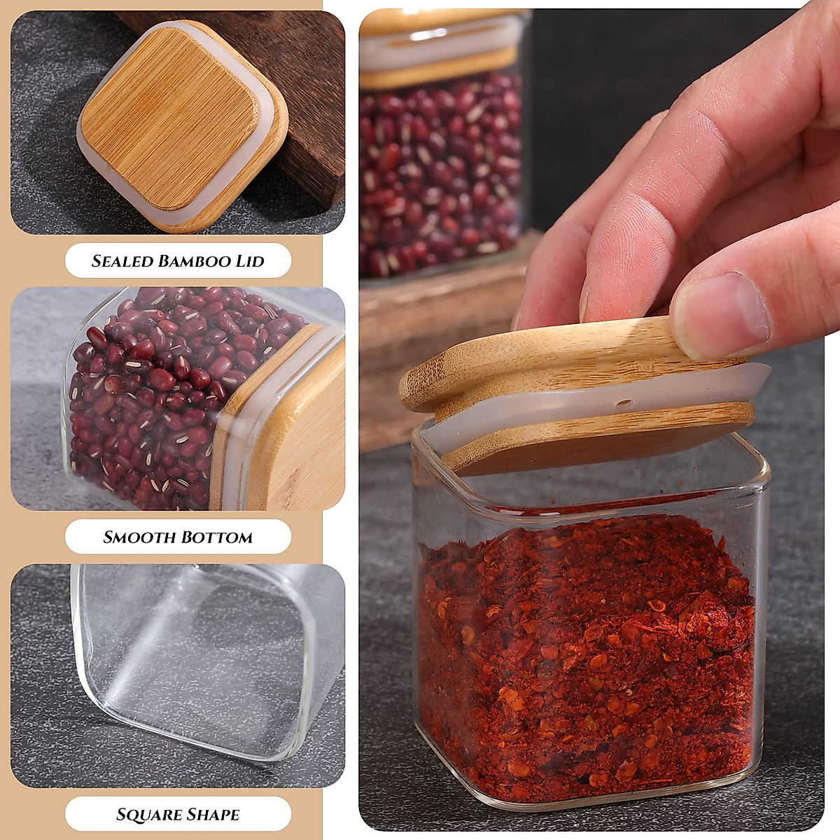 Nuenen Set of 24 Airtight Square Spice Containers 4 oz Glass Spice Jars with Bamboo Lid Small Seasoning Jars Empty Food Storage Containers for Pantry Clear Food Jars Canisters for Kitchen Sugar Coffee