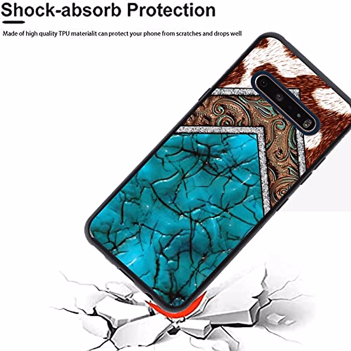 pambea limber Compatible with LG V60 ThinQ 5G Case, Western Cowhide Turquoise and Brown Animal Print Graphic Design for LG Case Men Women,Soft Silicone Trendy Case for LG